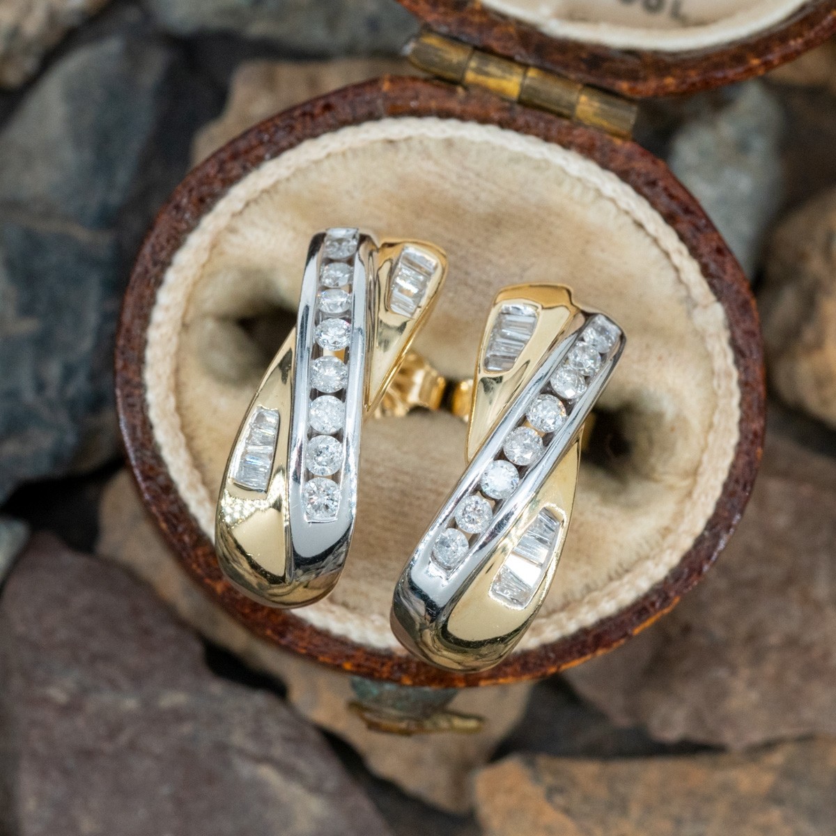 Diamond J-Hoop Earrings 14K White & Yellow Gold