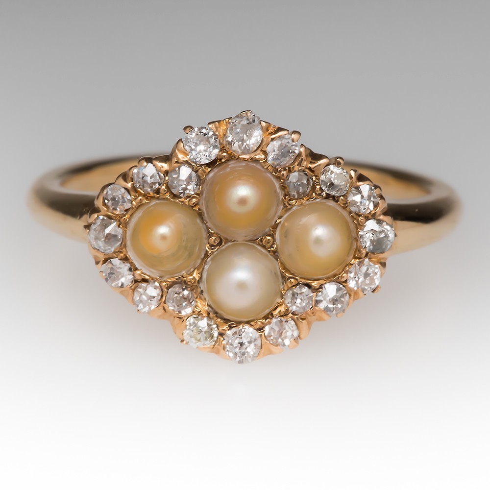 Natural Pearl & Old Diamond Victorian Era Ring 14K