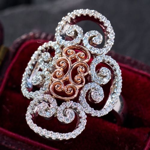 Scrolling Diamond Ring 14K Two Tone Gold
