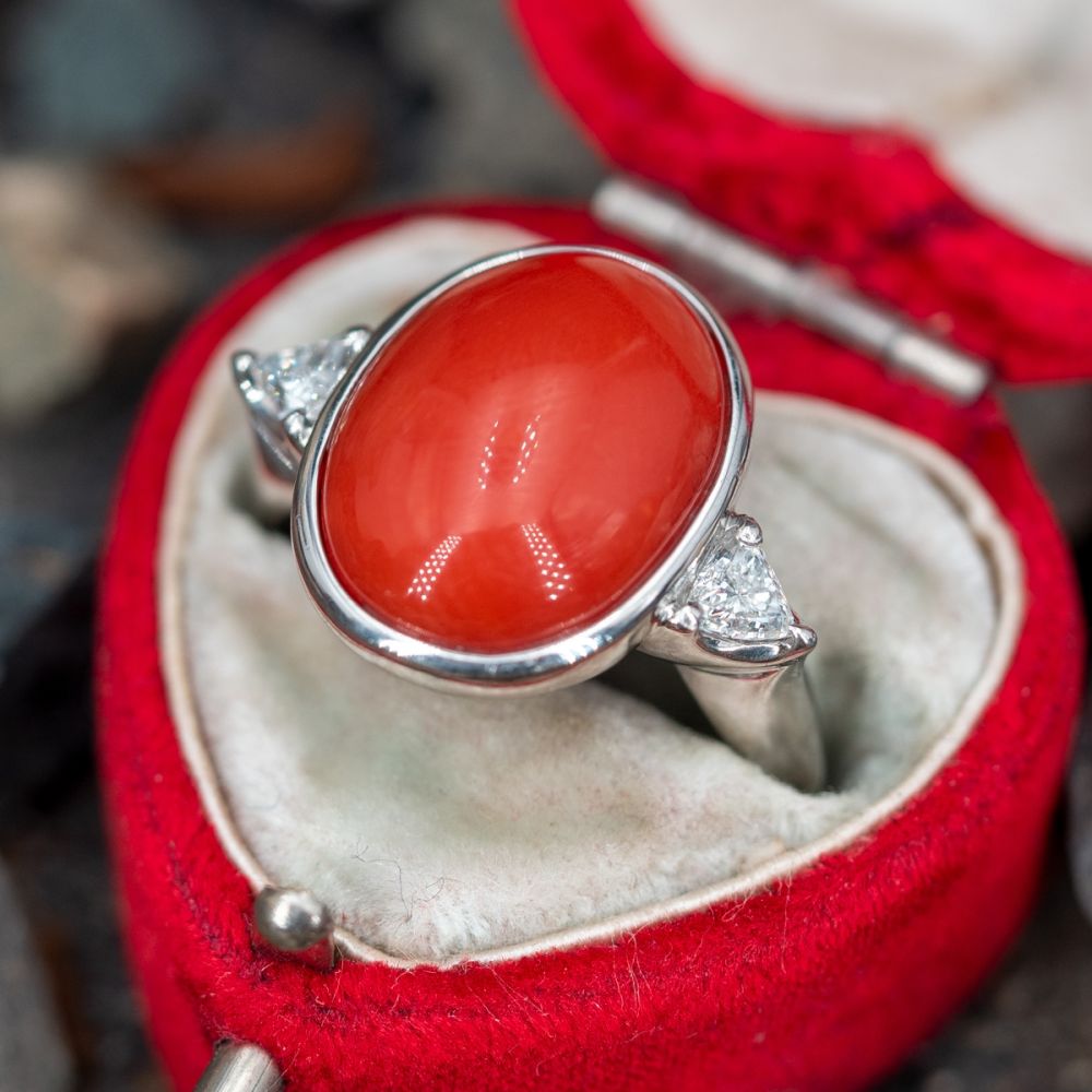 Red Coral Cocktail Ring w/ Diamond Accents in Platinum