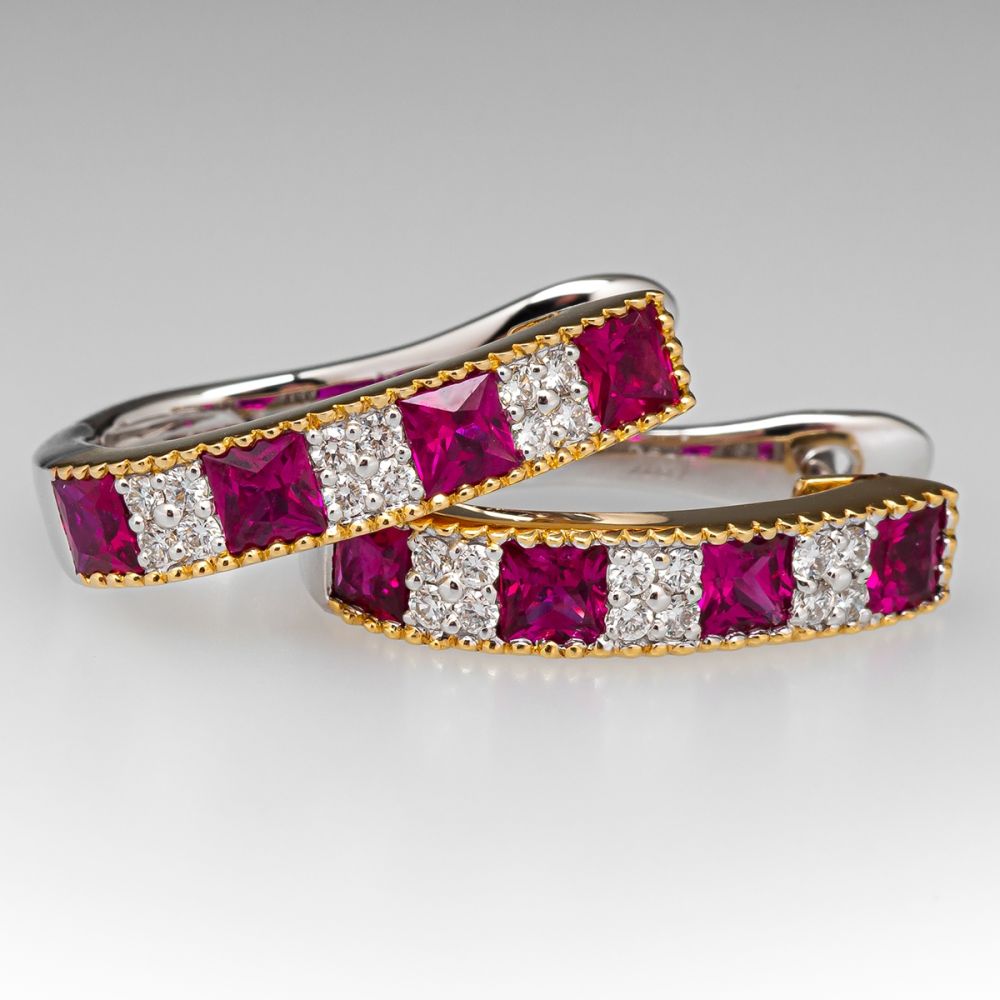 Spark Ruby Hoop Earrings w/ Diamonds 18K Gold