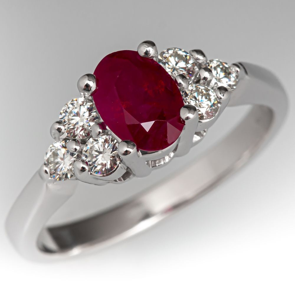 Oval Cut Ruby Ring w/ Diamond Accents 14K White Gold