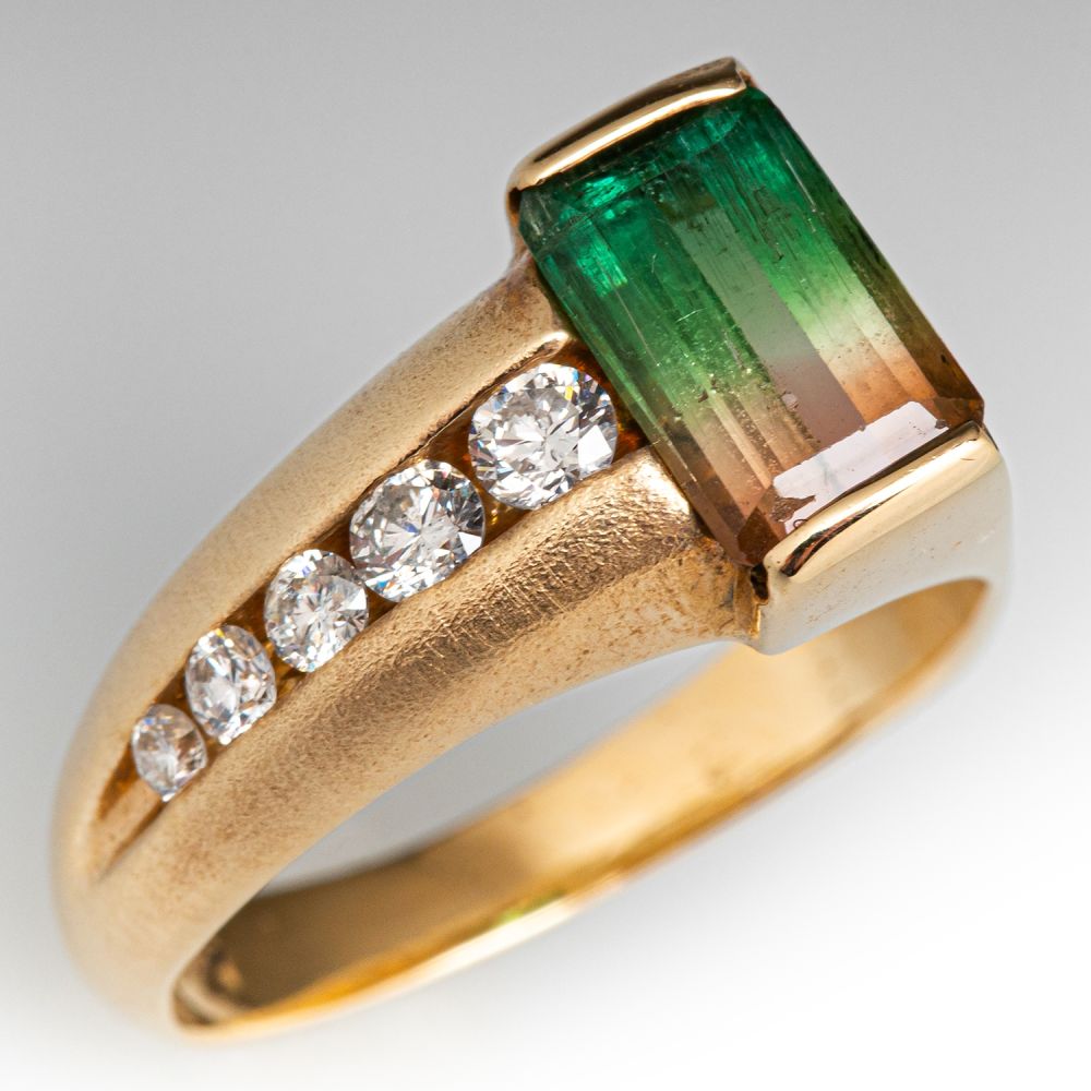 Asymmetrical Watermelon Tourmaline Ring w/ Diamonds 14K Yellow Gold