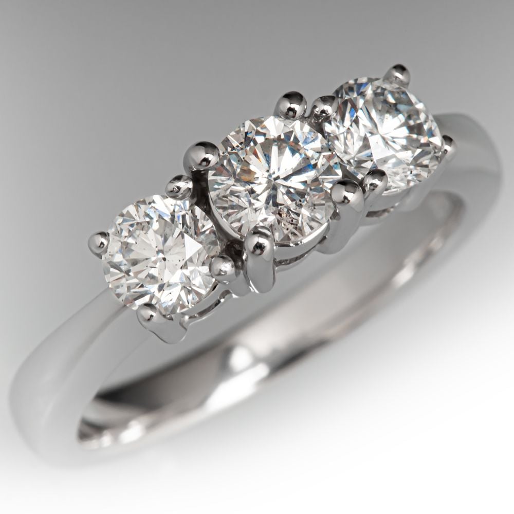 Round Brilliant Diamond Three Stone Ring 14K White Gold 1.23Ct Total E ...