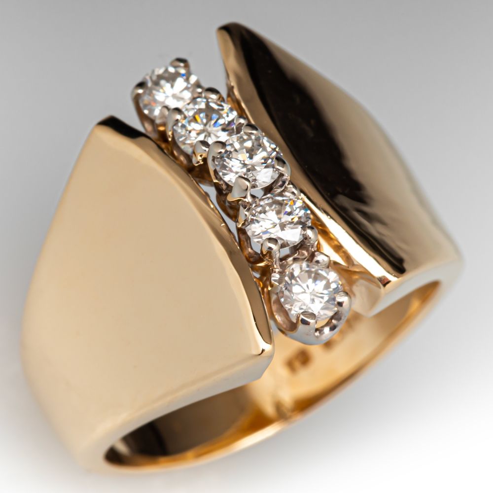 Reflective Wide Band Diamond Ring 14K Yellow Gold