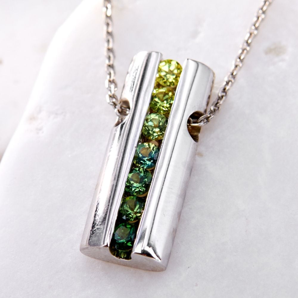 Gradient Green Sapphire Pendant Neckace 14K White Gold