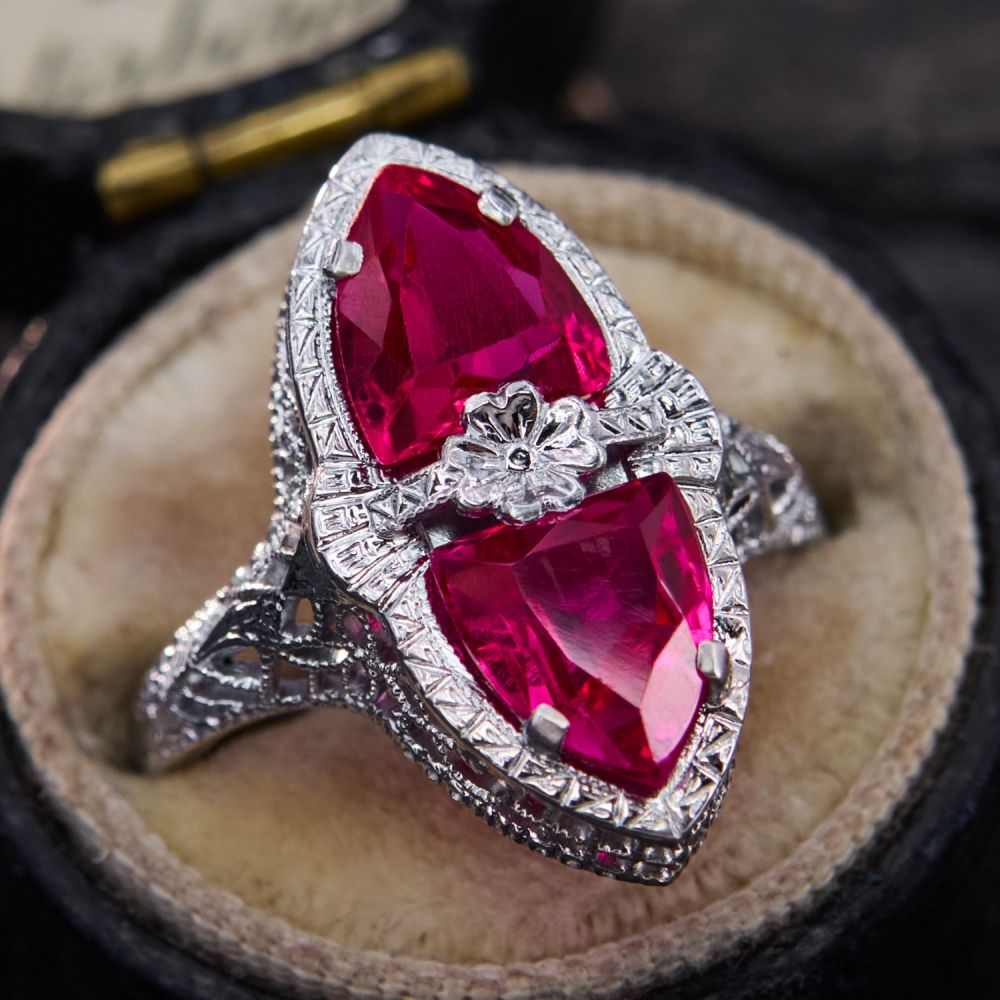 Vintage Lab Created Ruby Filigree Ring 14K White Gold