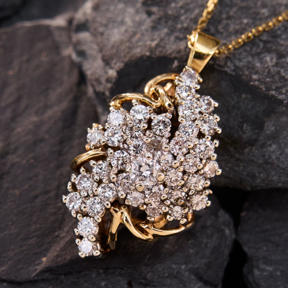 Diamond Cluster Pendant Necklace 14K Two Tone Gold