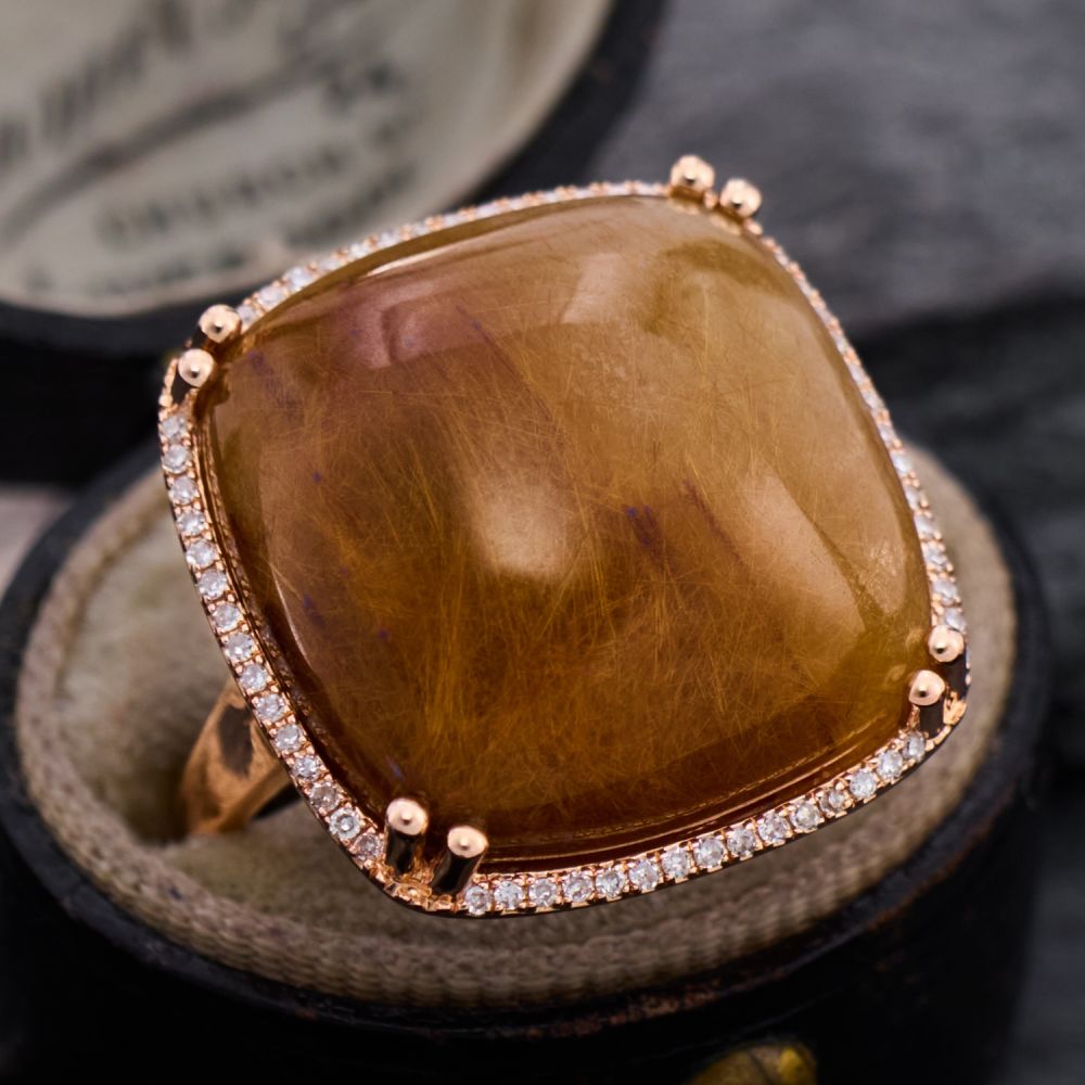Cushion Cabochon Rutilated Quartz Ring 14K Rose Gold