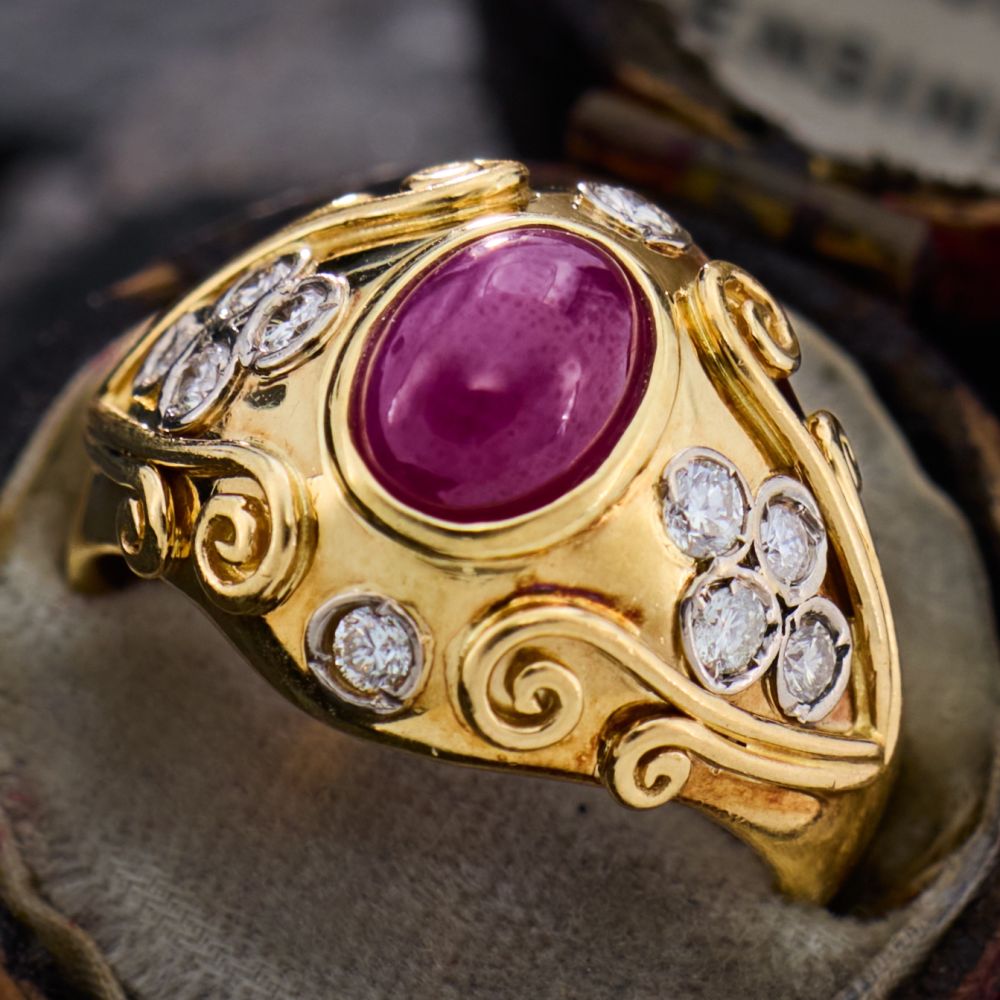 Domed Ruby Cabochon Ring 14K Yellow Gold