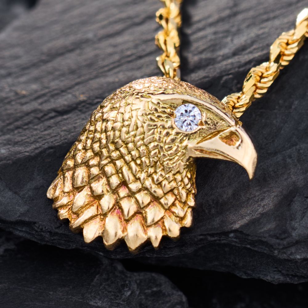 Diamond Eyed Eagle Pendant Necklace 14K Yellow Gold
