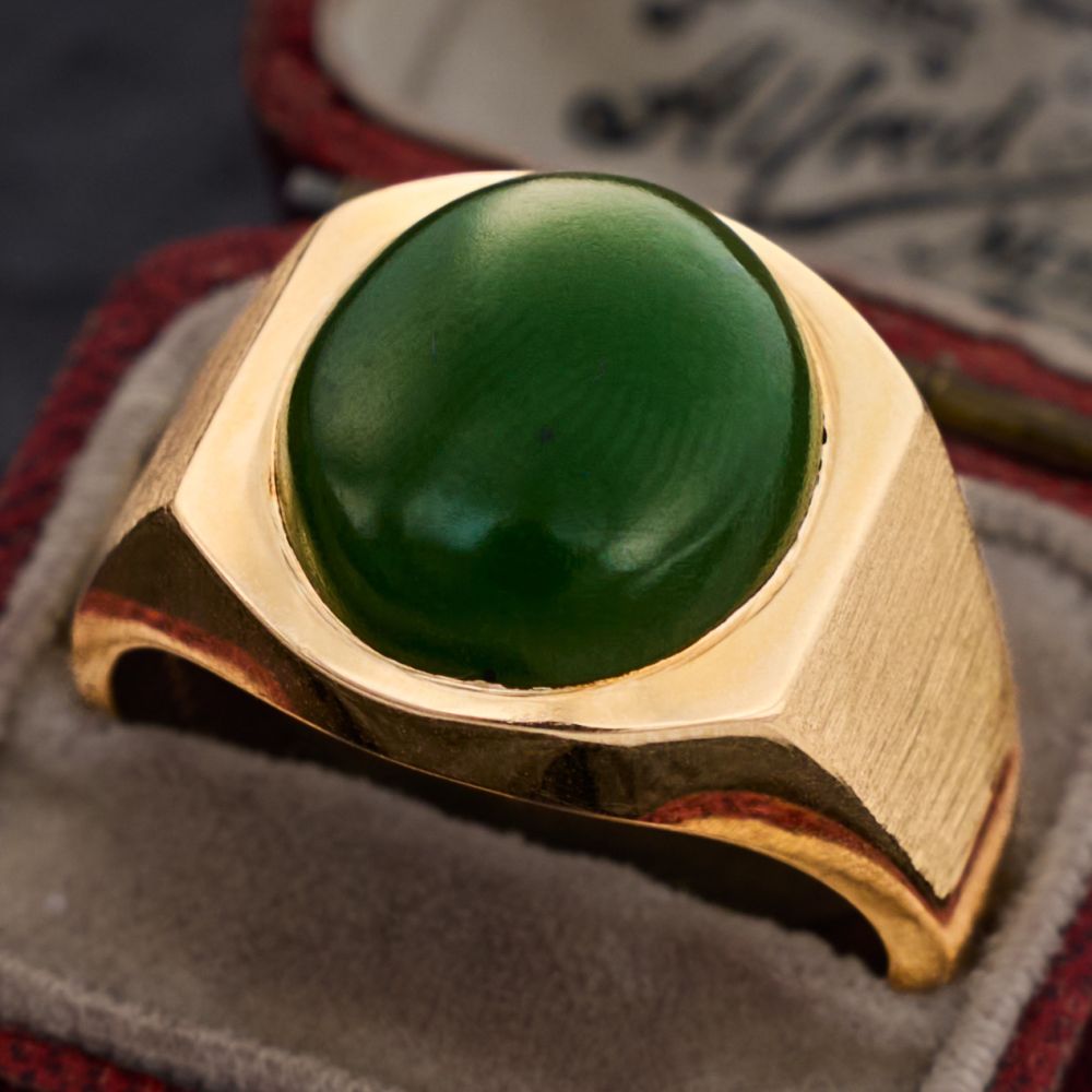 Nephrite Jade Mens Ring 14K Yellow Gold