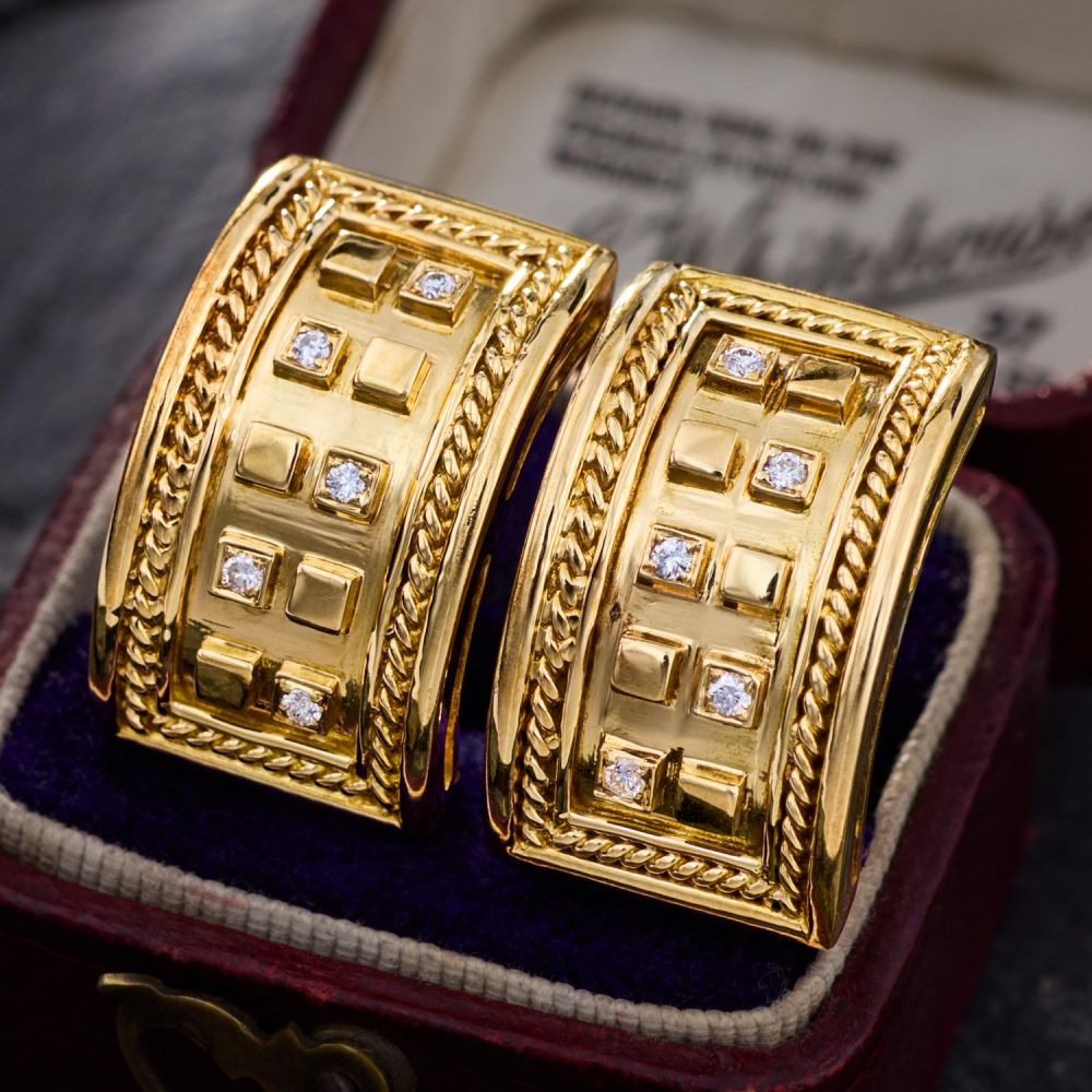 Vintage Curved Face Earrings w/ Diamonds 18K Yellow Gold
