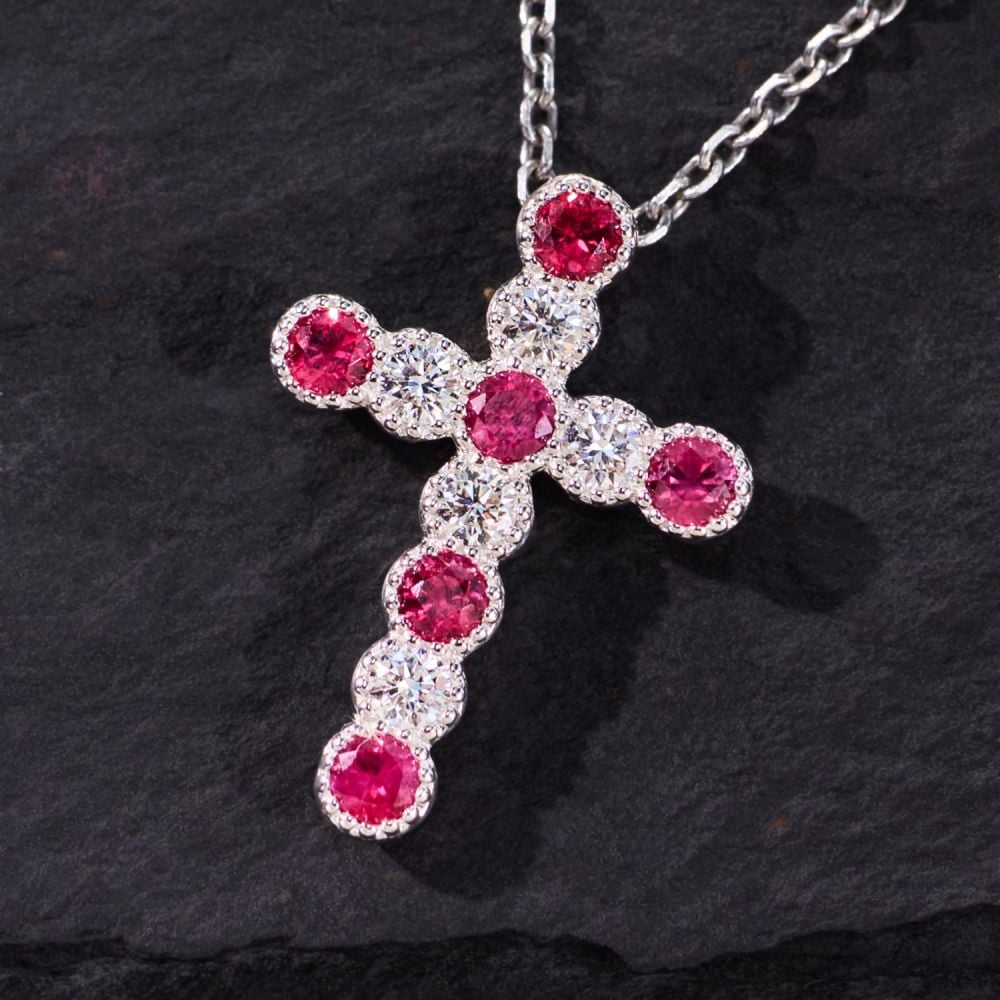 Ruby & Diamond Cross Pendant Necklace Platinum/ 14K White Gold