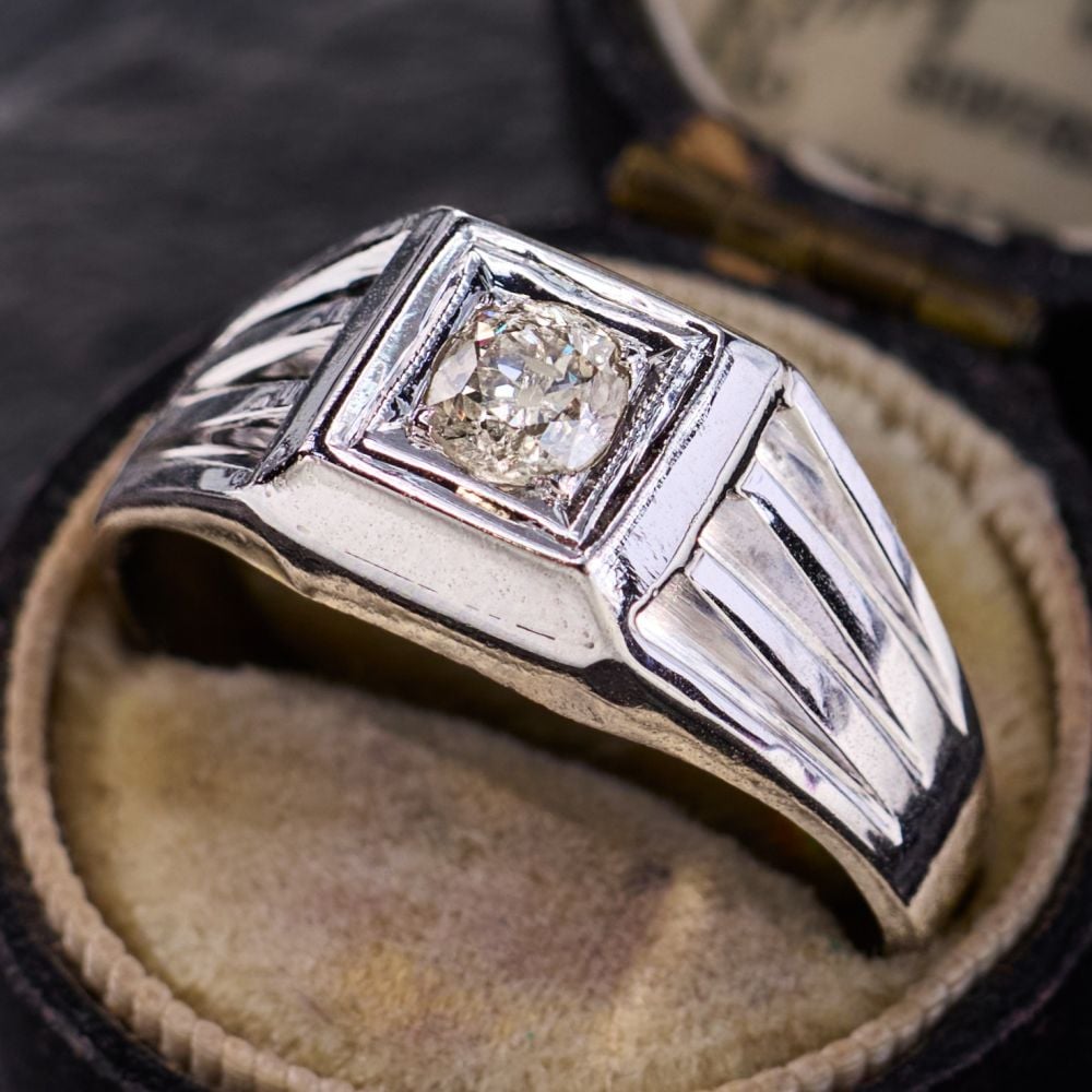 Mens Old Mine Diamond Ring 18K White Gold