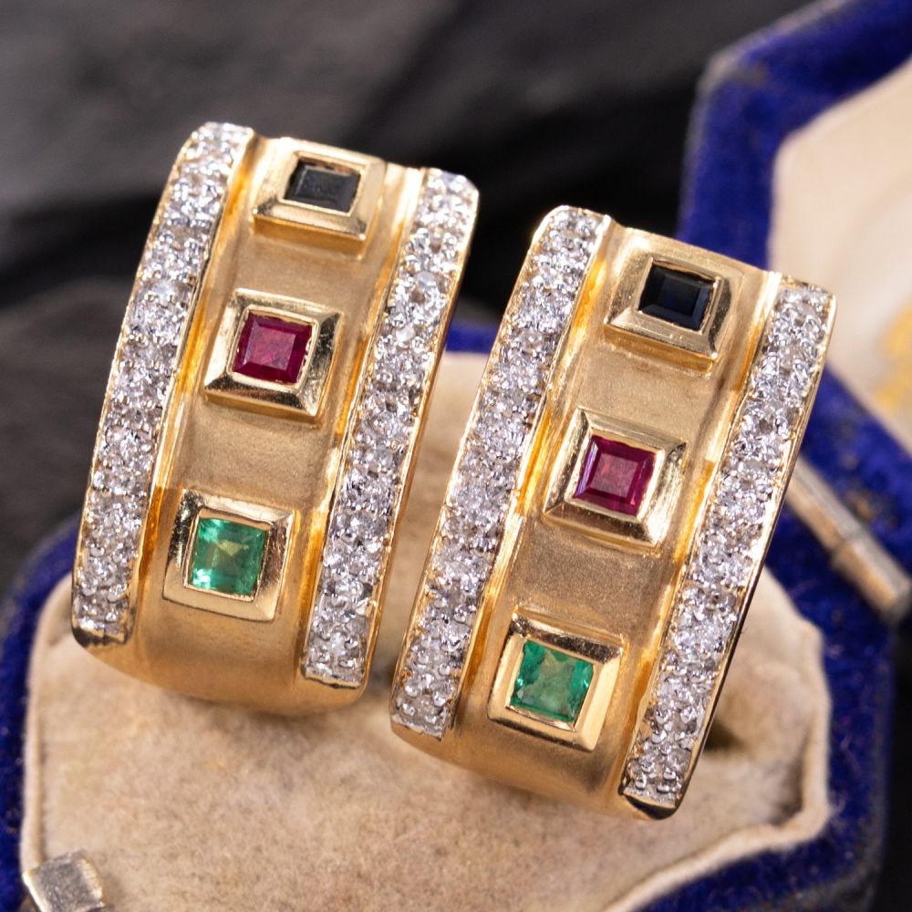 Gemstone Diamond Drop Face Earrings 14K Yellow Gold