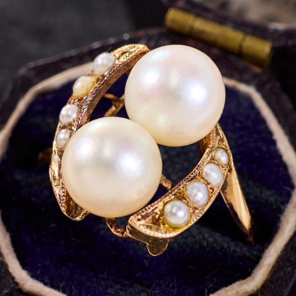 Double Pearl Ring w/ Seed Pearl Accents 18K Yellow Gold