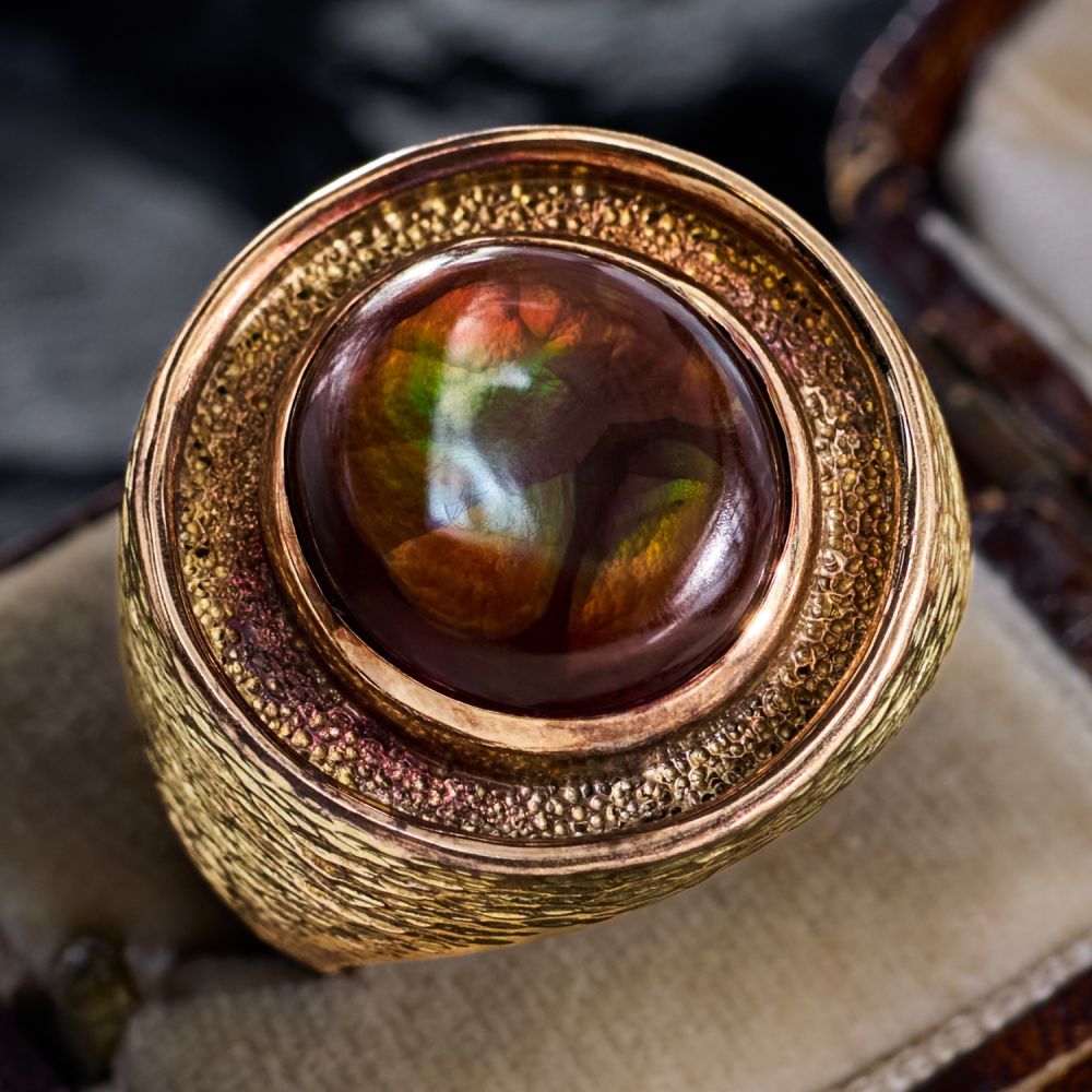 Men's Large Fire Agate Ring in 14K Yellow Gold Bold Bezel Setting
