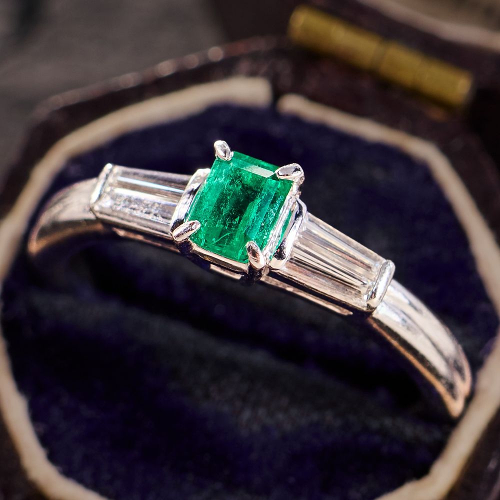 Emerald Cut Emerald Ring with Tapered Baguette Diamonds Platinum