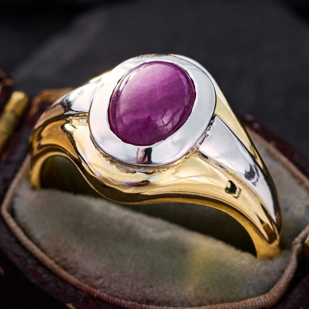 Men's Two Tone Ruby Cabochon Ring 18K Gold